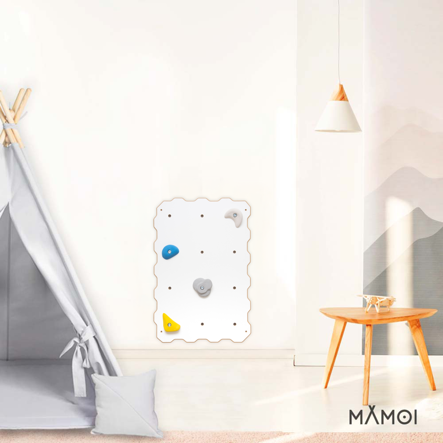 MAMOI® Wooden indoor climbing wall with 4 climbing holds, white ...